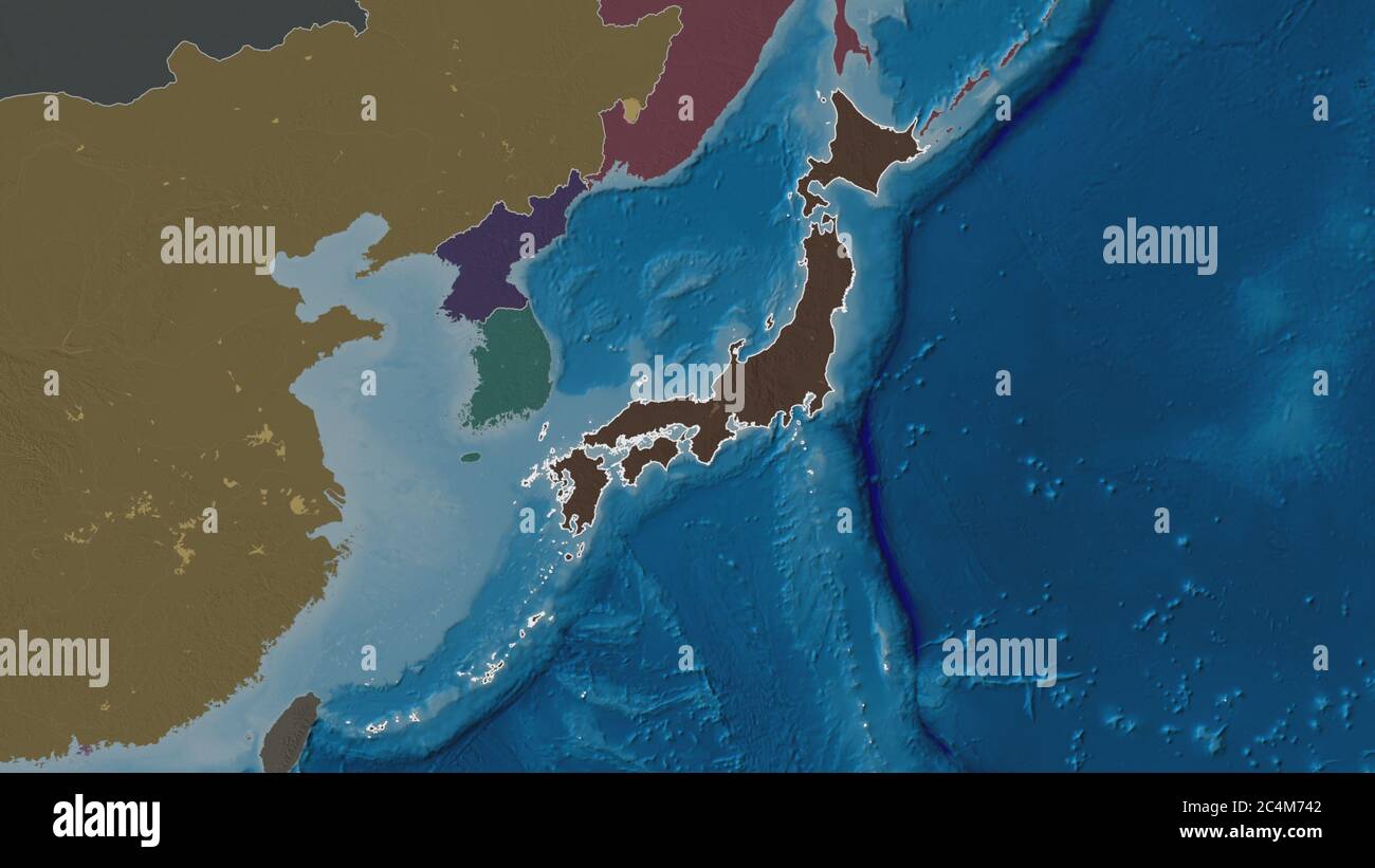 Outlined shape of the Japan area. Colored and bumped map of the ...