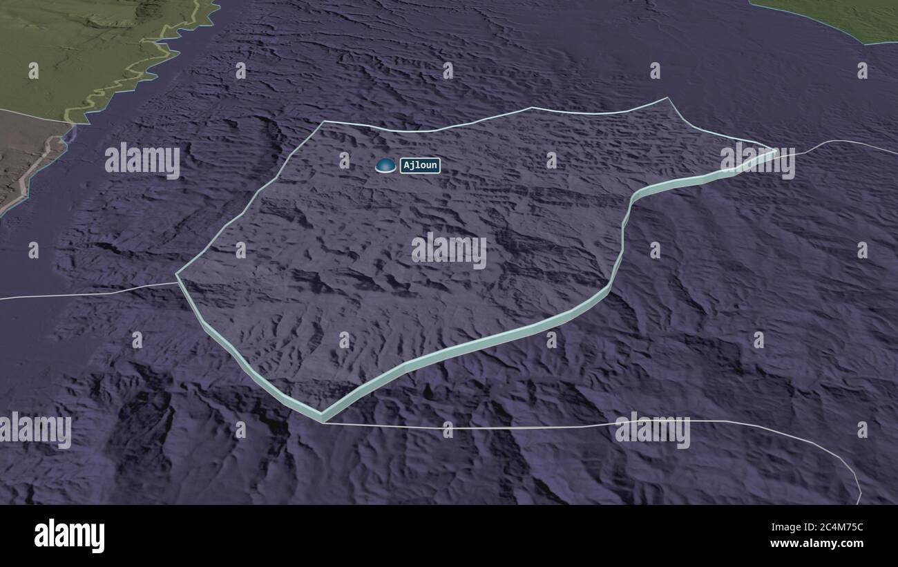 Zoom in on Ajlun (province of Jordan) extruded. Oblique perspective ...