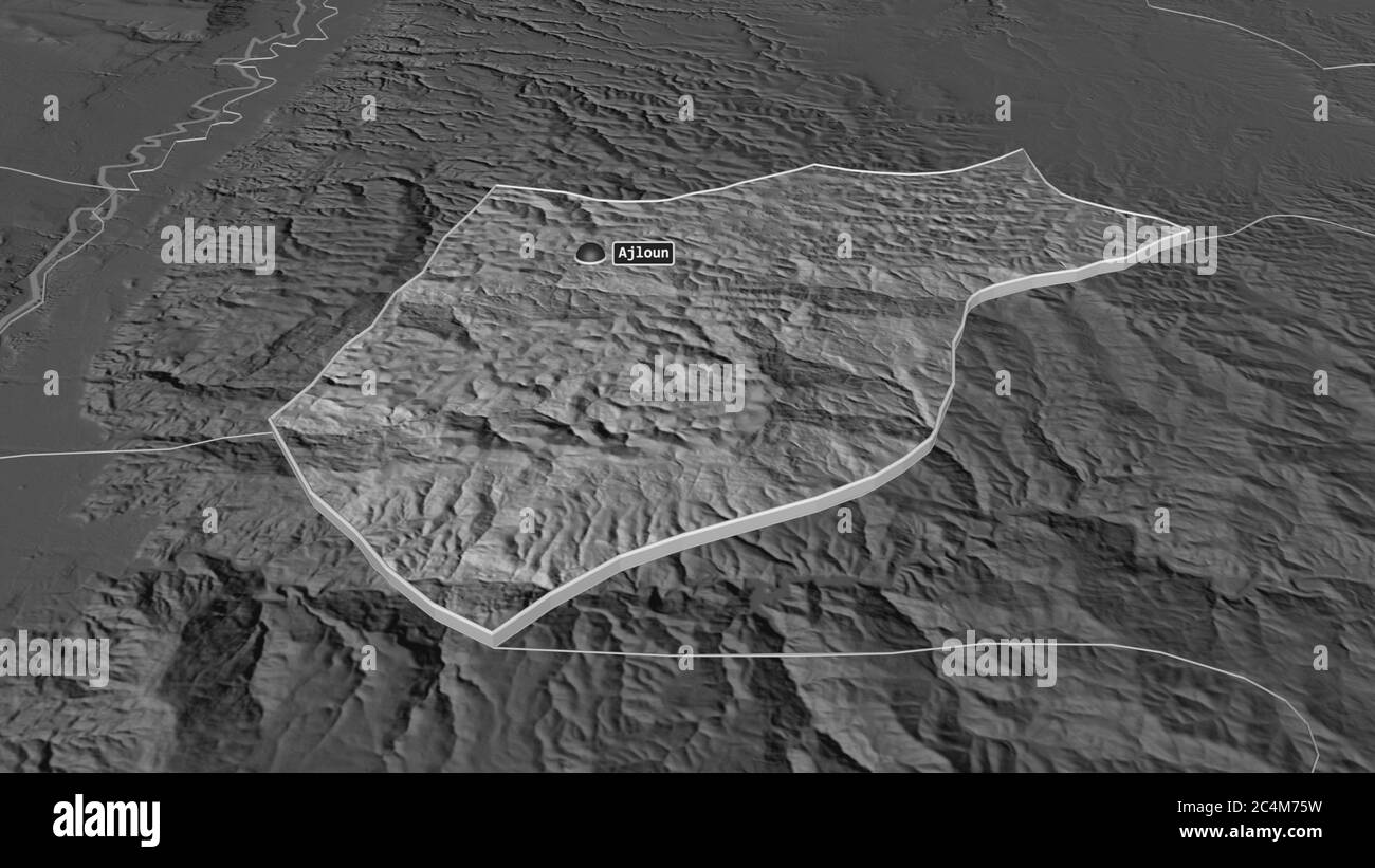 Zoom in on Ajlun (province of Jordan) extruded. Oblique perspective ...