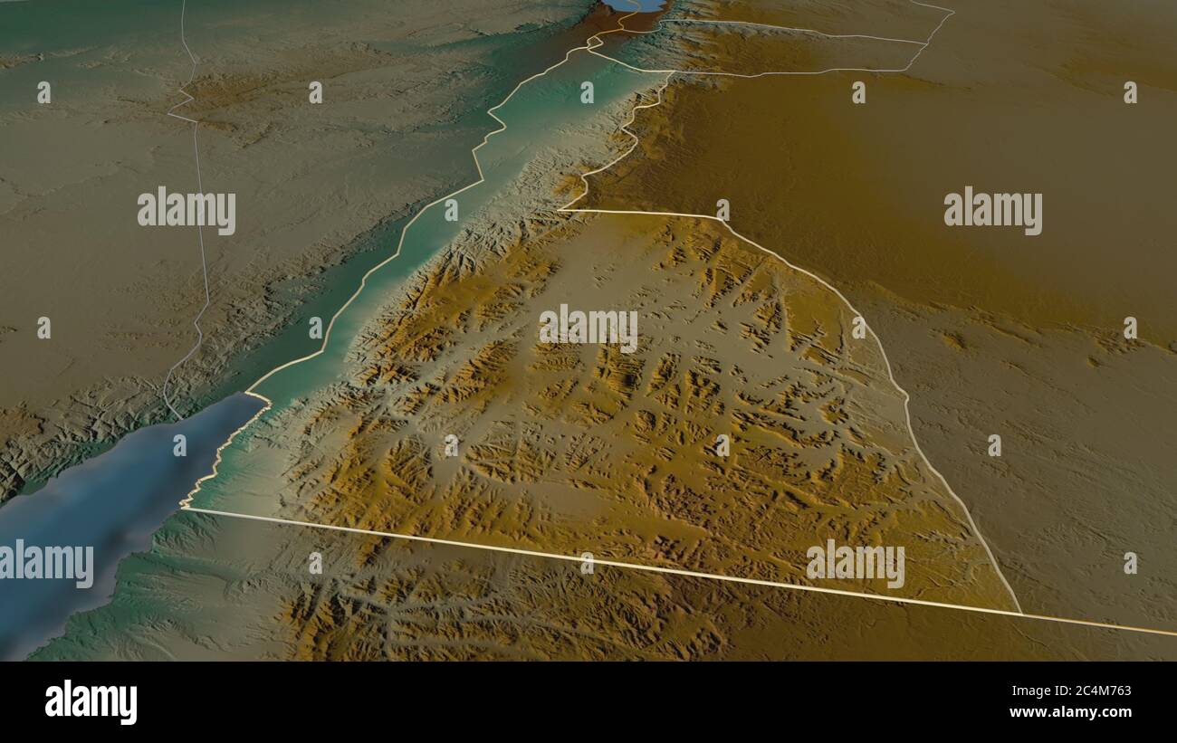 Zoom in on Aqaba (province of Jordan) outlined. Oblique perspective ...