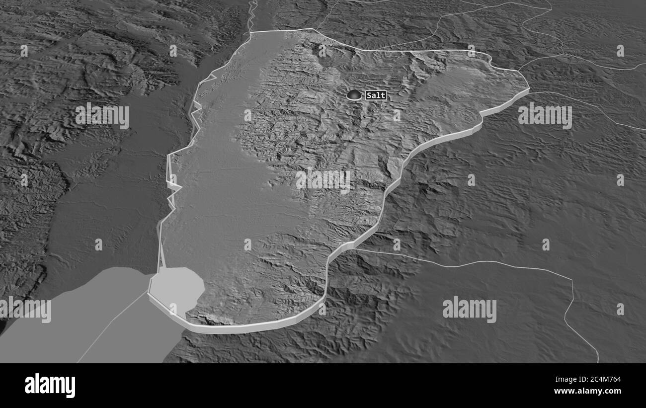 Zoom in on Balqa (province of Jordan) extruded. Oblique perspective ...