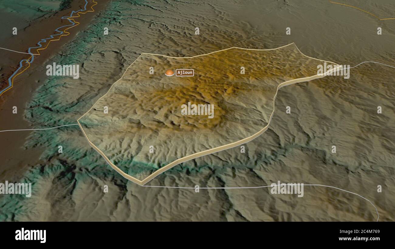 Zoom in on Ajlun (province of Jordan) extruded. Oblique perspective ...