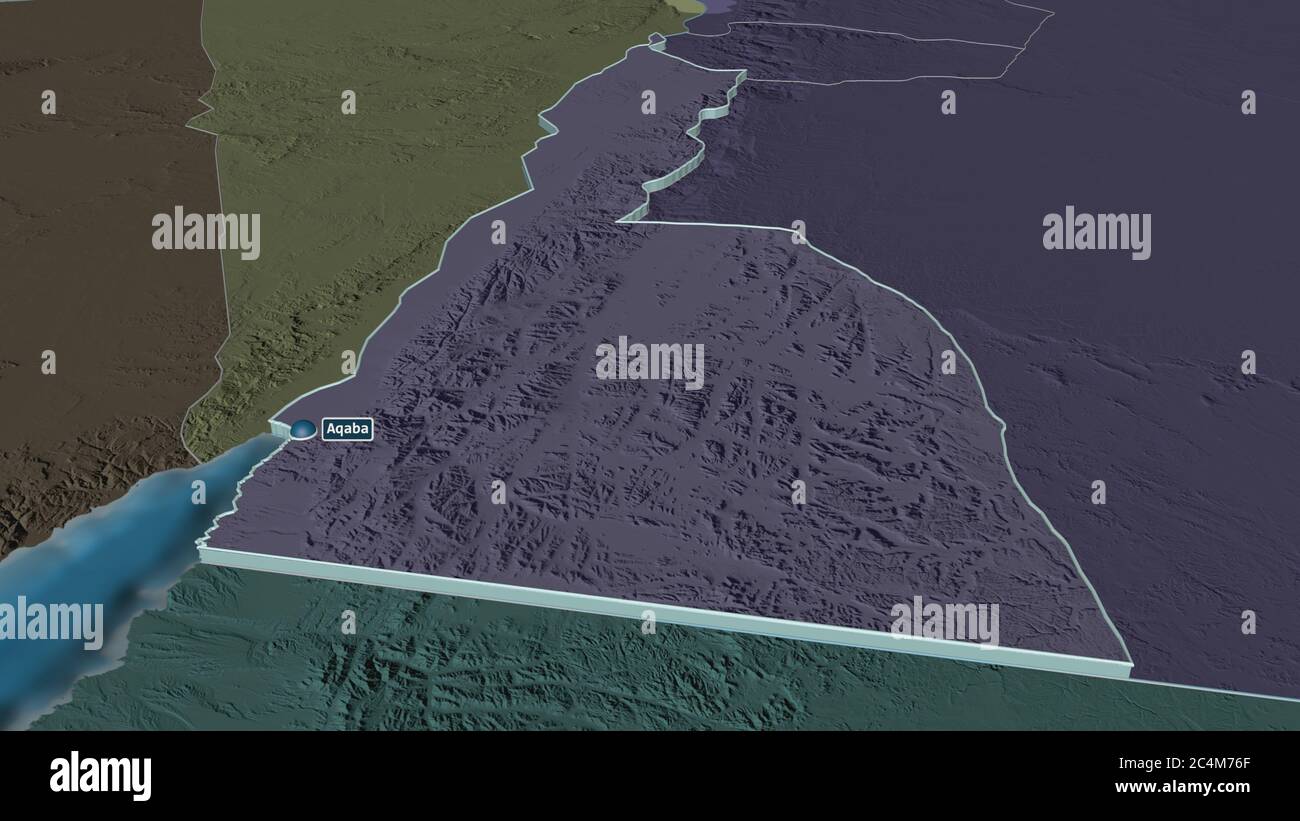 Zoom in on Aqaba (province of Jordan) extruded. Oblique perspective ...