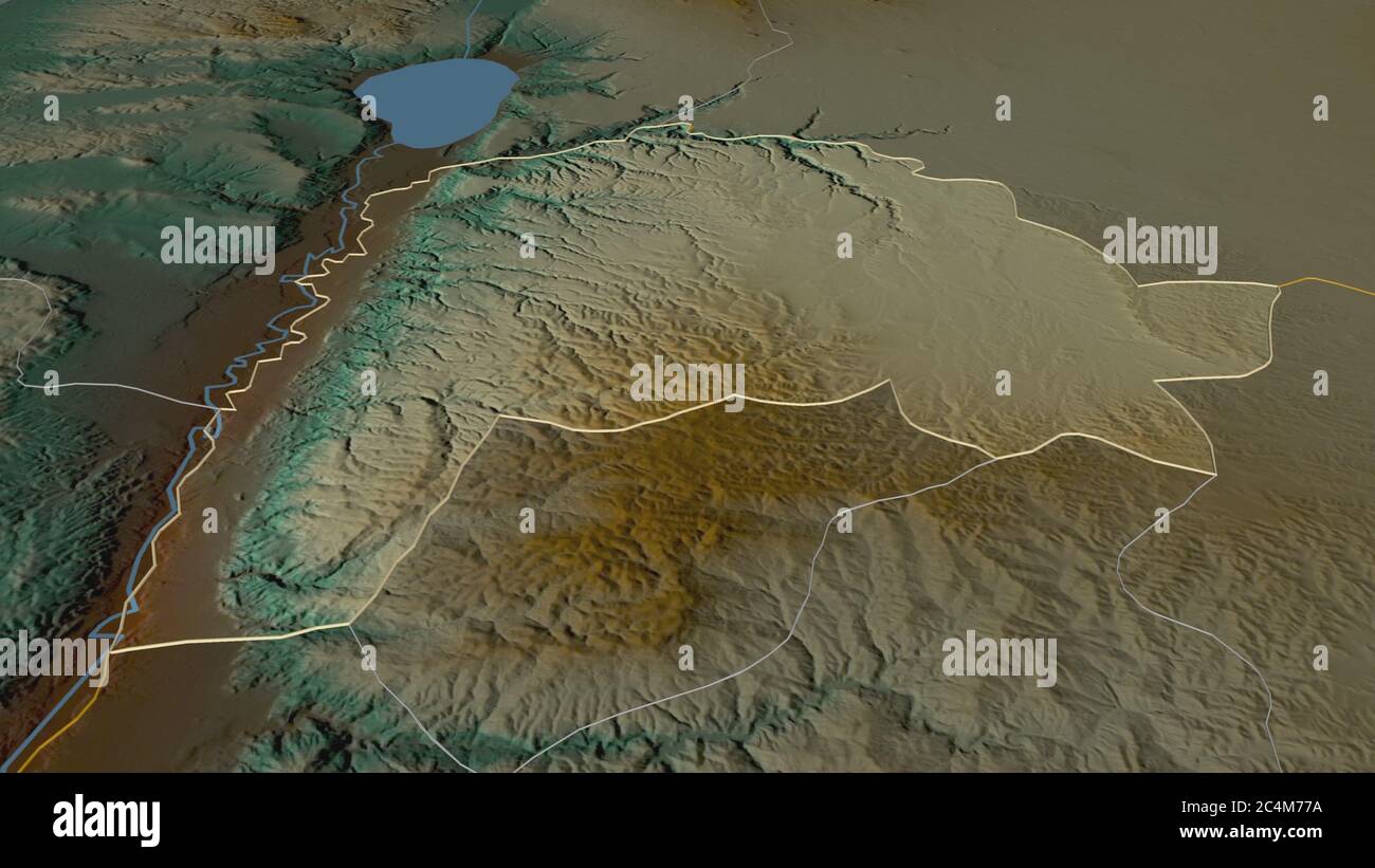 Zoom in on Irbid (province of Jordan) outlined. Oblique perspective ...