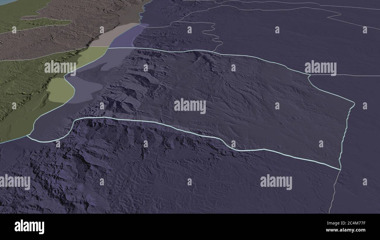 Zoom in on Karak (province of Jordan) outlined. Oblique perspective ...