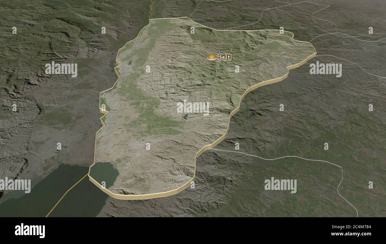 Zoom in on Balqa (province of Jordan) extruded. Oblique perspective ...