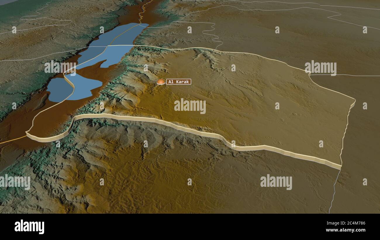 Zoom in on Karak (province of Jordan) extruded. Oblique perspective ...