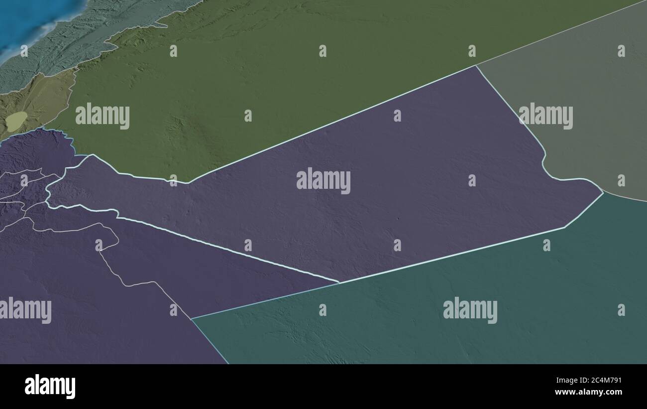 Zoom in on Mafraq (province of Jordan) outlined. Oblique perspective ...