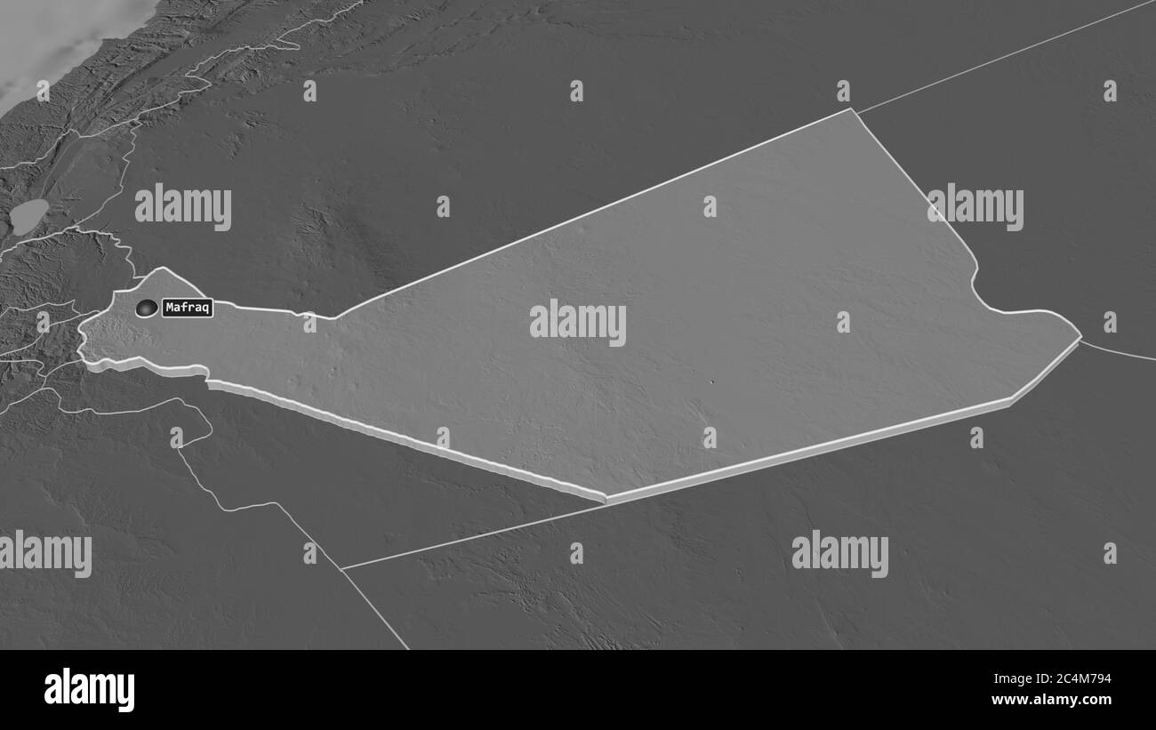 Zoom in on Mafraq (province of Jordan) extruded. Oblique perspective ...