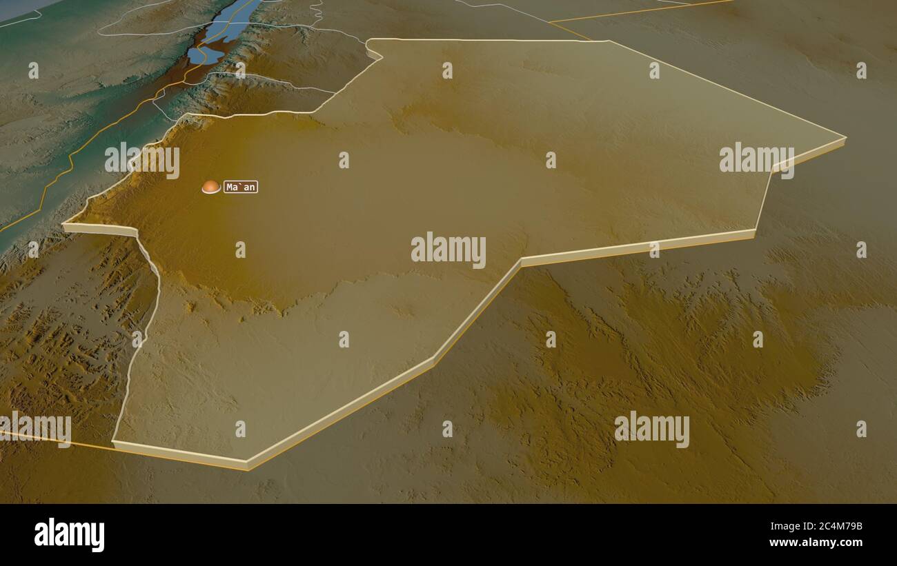 Zoom in on Ma`an (province of Jordan) extruded. Oblique perspective ...