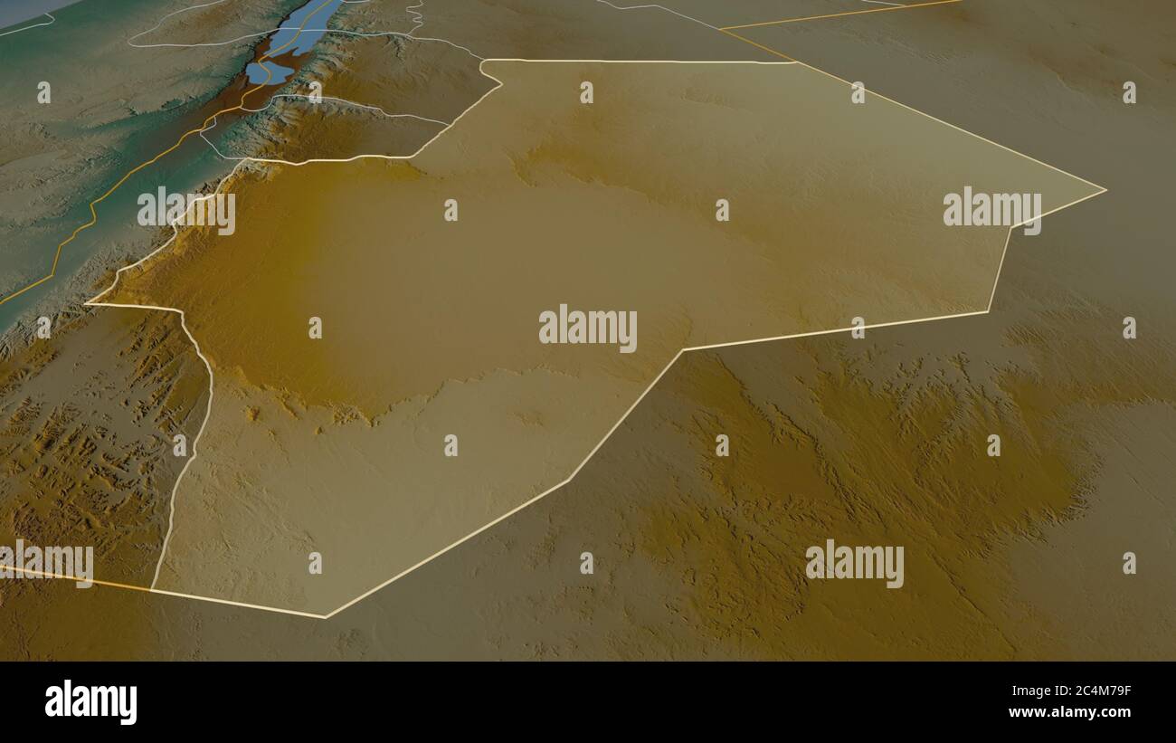 Zoom in on Ma`an (province of Jordan) outlined. Oblique perspective ...