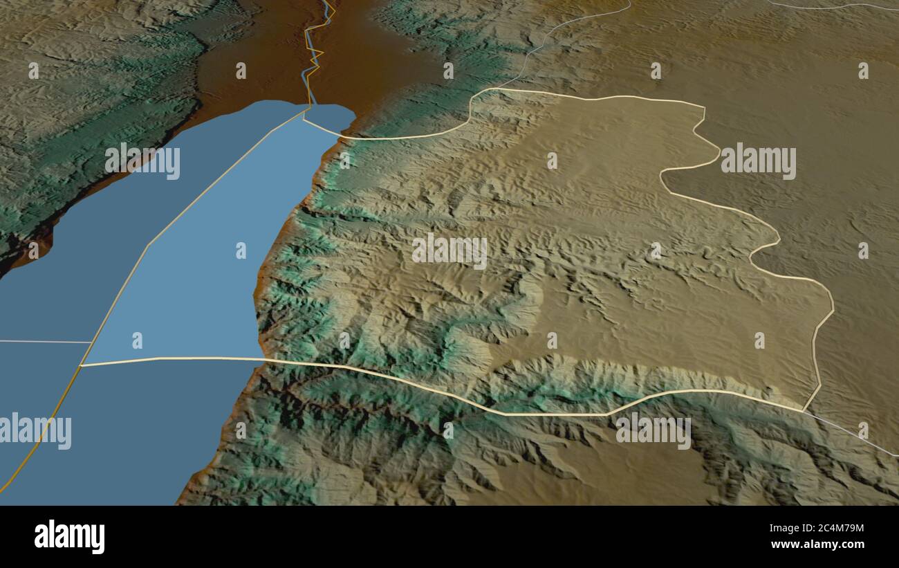 Zoom in on Madaba (province of Jordan) outlined. Oblique perspective ...