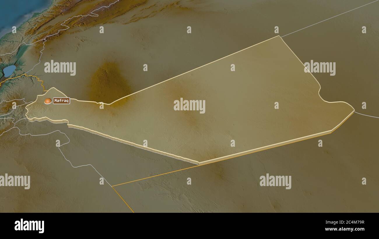 Zoom in on Mafraq (province of Jordan) extruded. Oblique perspective ...