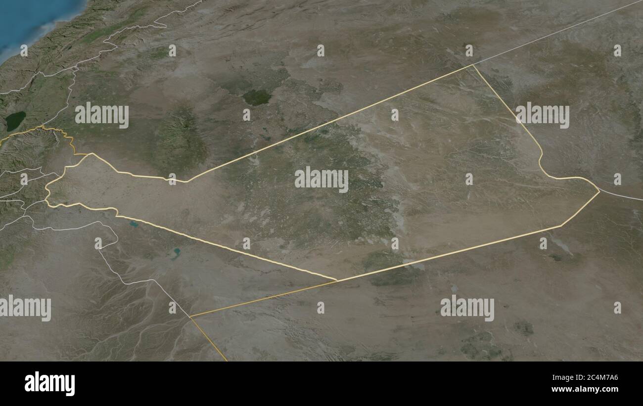 Zoom in on Mafraq (province of Jordan) outlined. Oblique perspective ...
