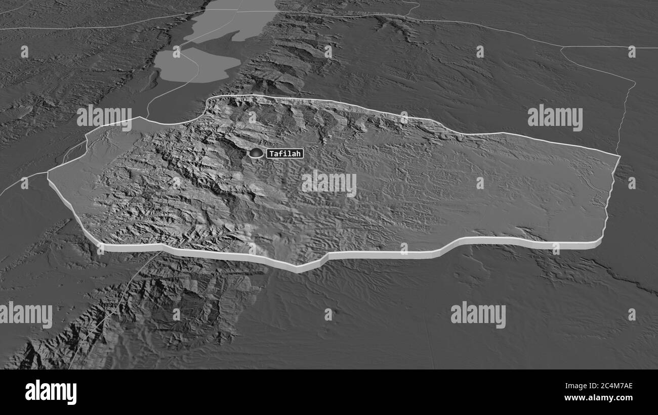 Zoom in on Tafilah (province of Jordan) extruded. Oblique perspective ...