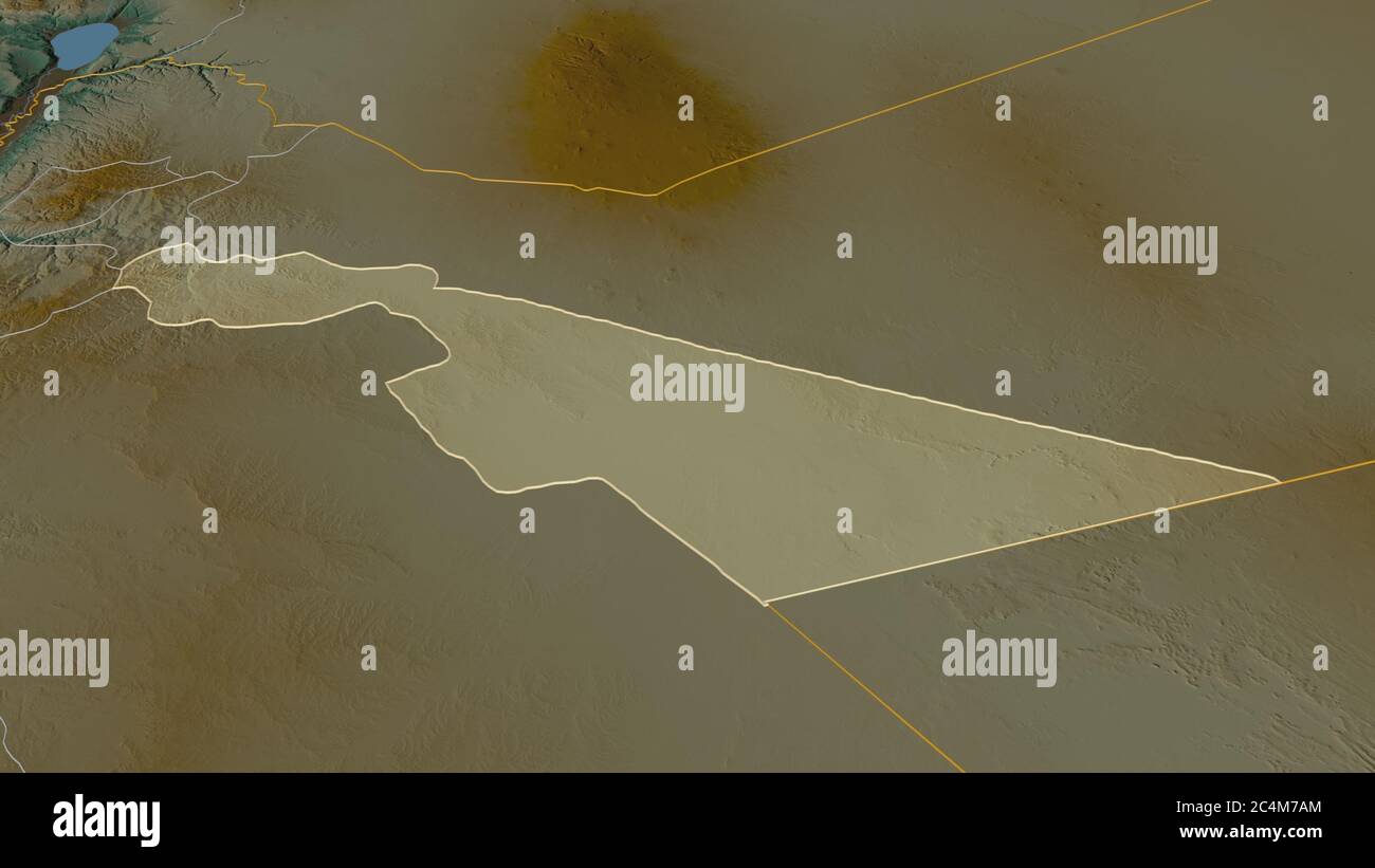 Zoom in on Zarqa (province of Jordan) outlined. Oblique perspective ...