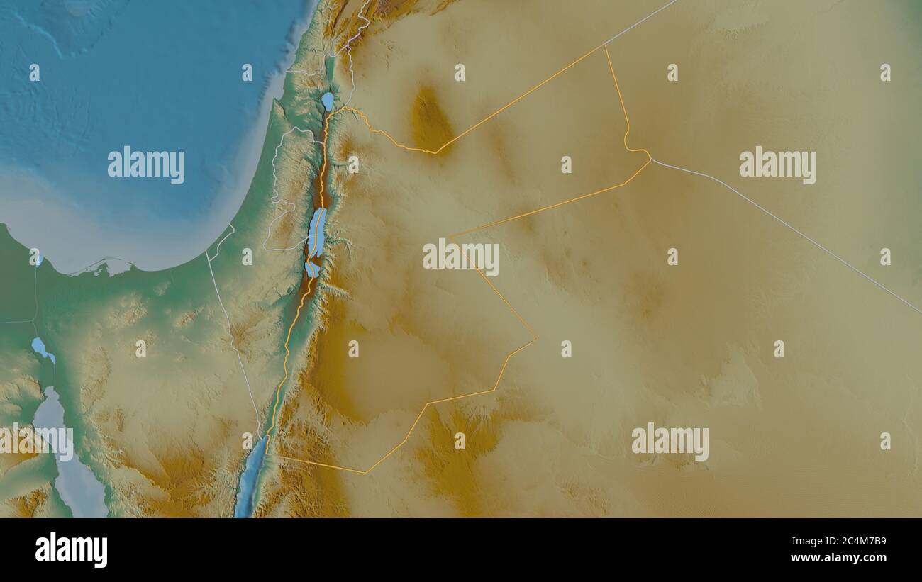 Outlined shape of the Jordan area. Topographic relief map with surface ...