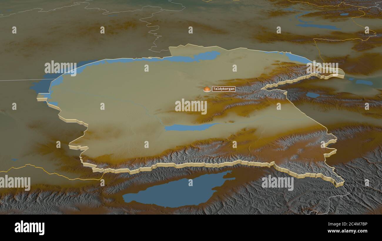 Zoom in on Almaty (region of Kazakhstan) extruded. Oblique perspective ...