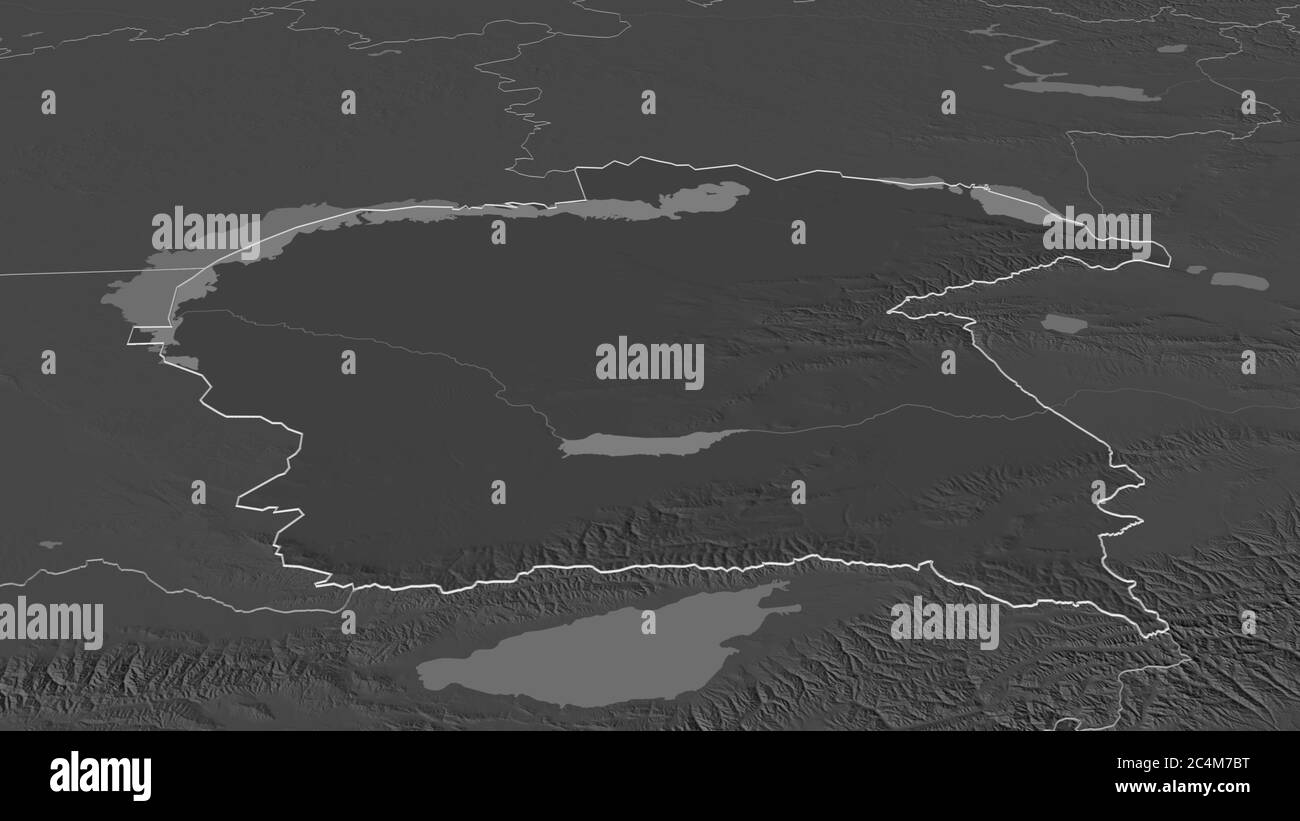 Zoom in on Almaty (region of Kazakhstan) outlined. Oblique perspective ...