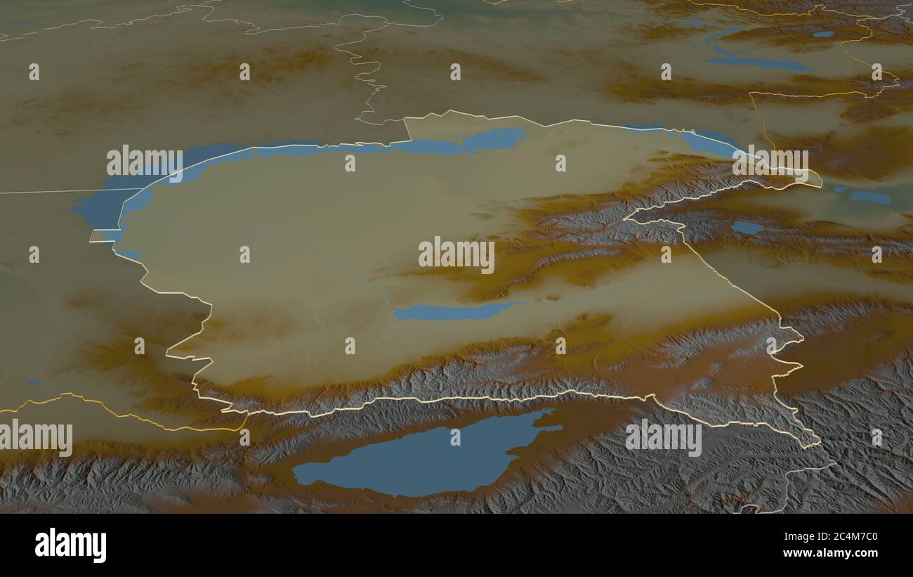Zoom in on Almaty (region of Kazakhstan) outlined. Oblique perspective ...