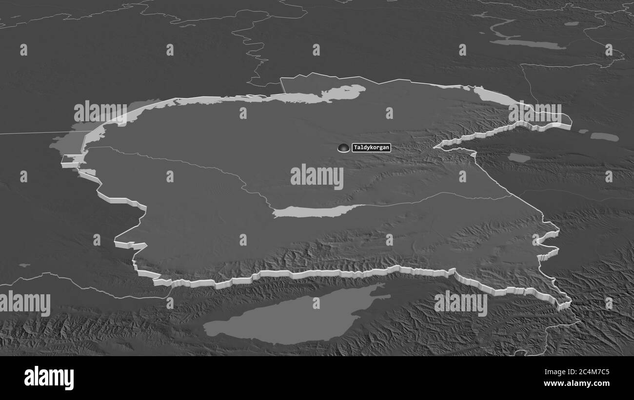 Zoom in on Almaty (region of Kazakhstan) extruded. Oblique perspective ...