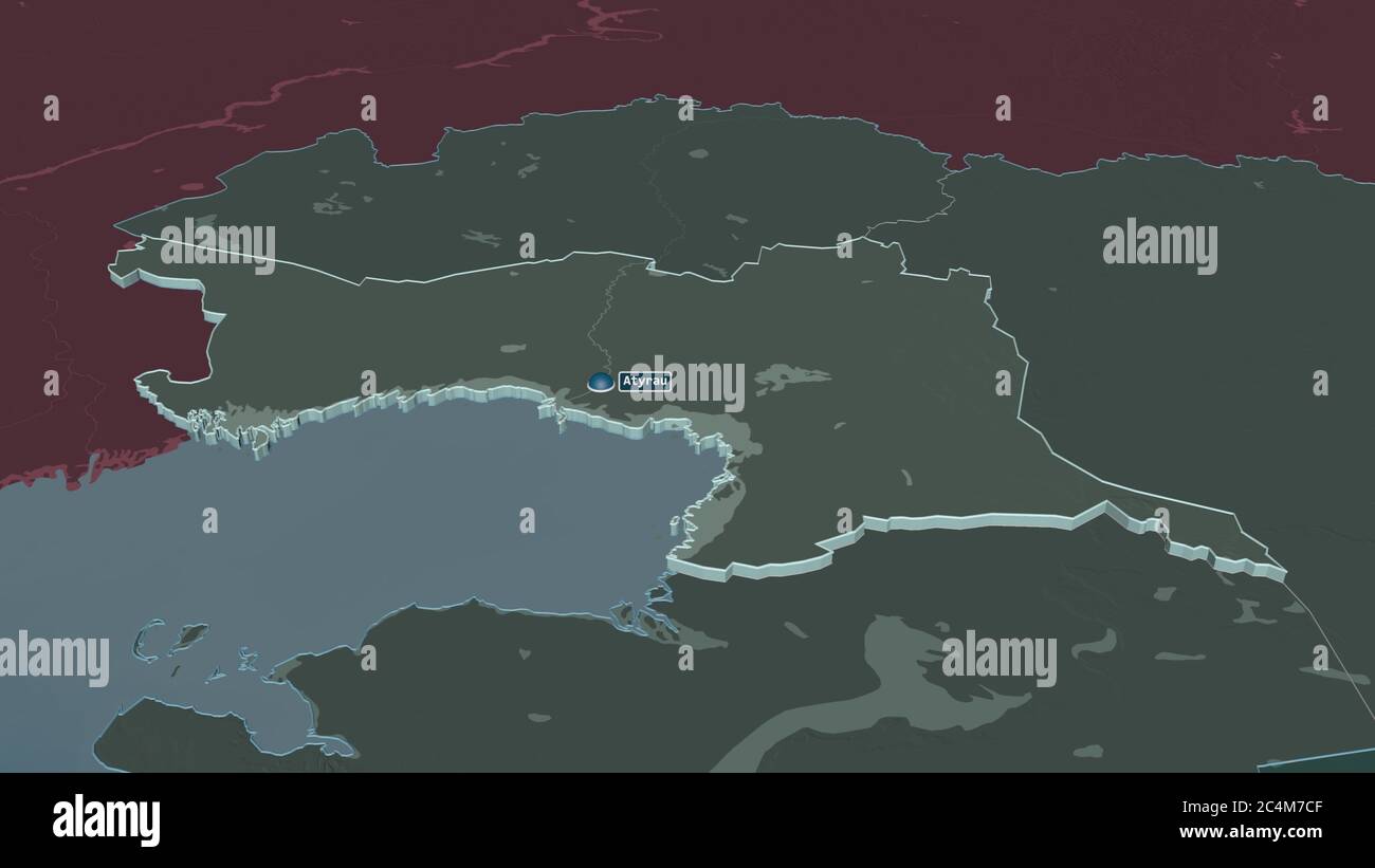 Zoom in on Atyrau (region of Kazakhstan) extruded. Oblique perspective ...