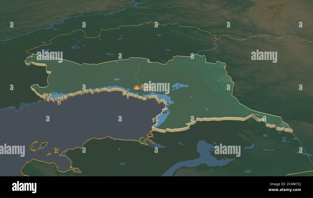Zoom in on Atyrau (region of Kazakhstan) extruded. Oblique perspective ...