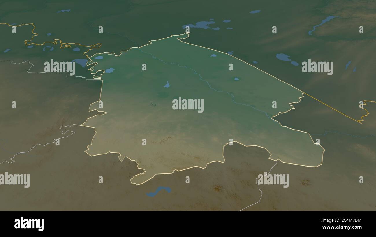 Zoom in on Pavlodar (region of Kazakhstan) outlined. Oblique ...