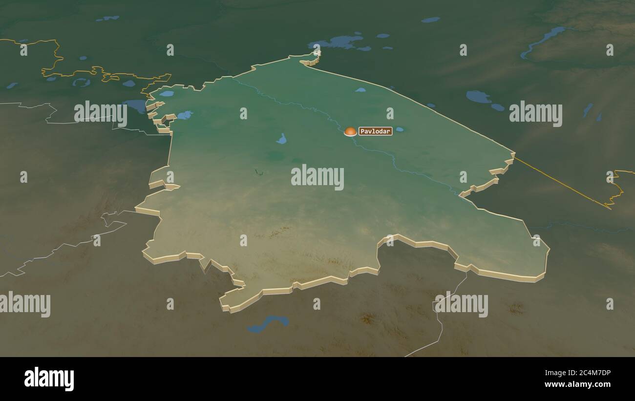Zoom in on Pavlodar (region of Kazakhstan) extruded. Oblique ...