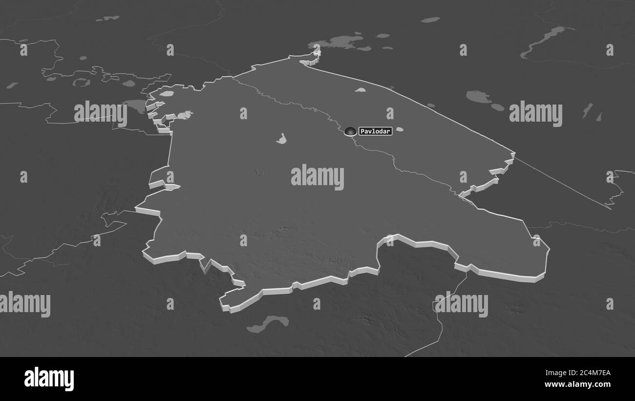 Zoom in on Pavlodar (region of Kazakhstan) extruded. Oblique ...