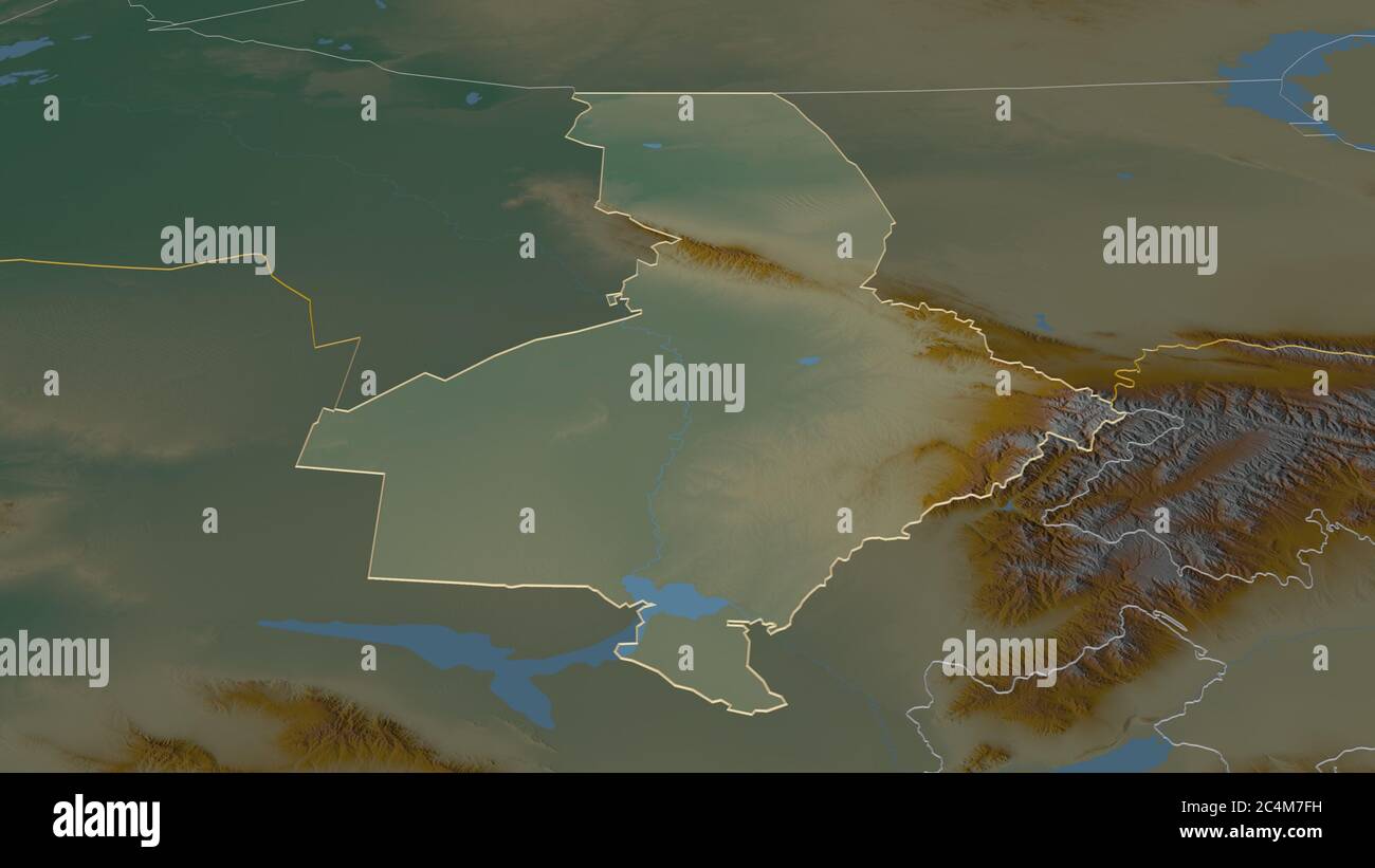 Zoom in on South Kazakhstan (region of Kazakhstan) outlined. Oblique ...