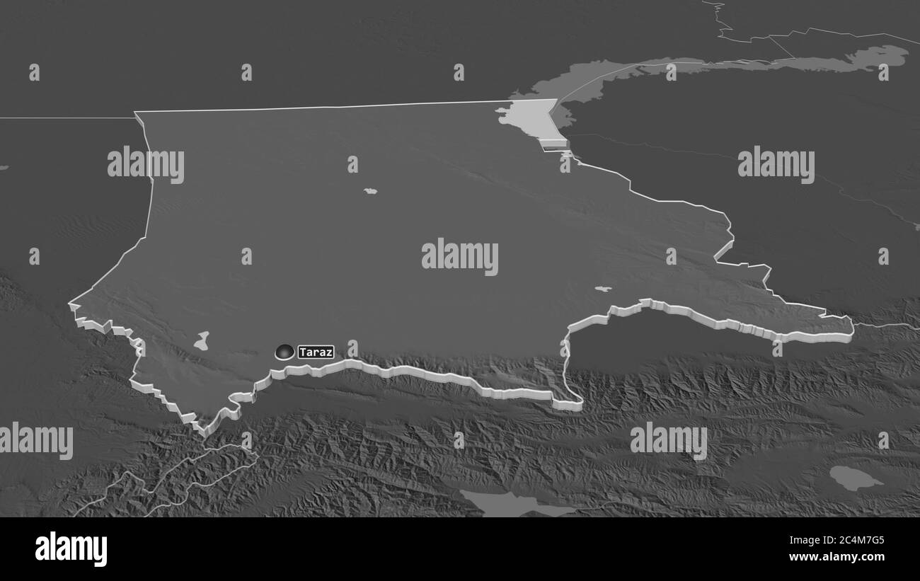 Zoom in on Zhambyl (region of Kazakhstan) extruded. Oblique perspective ...