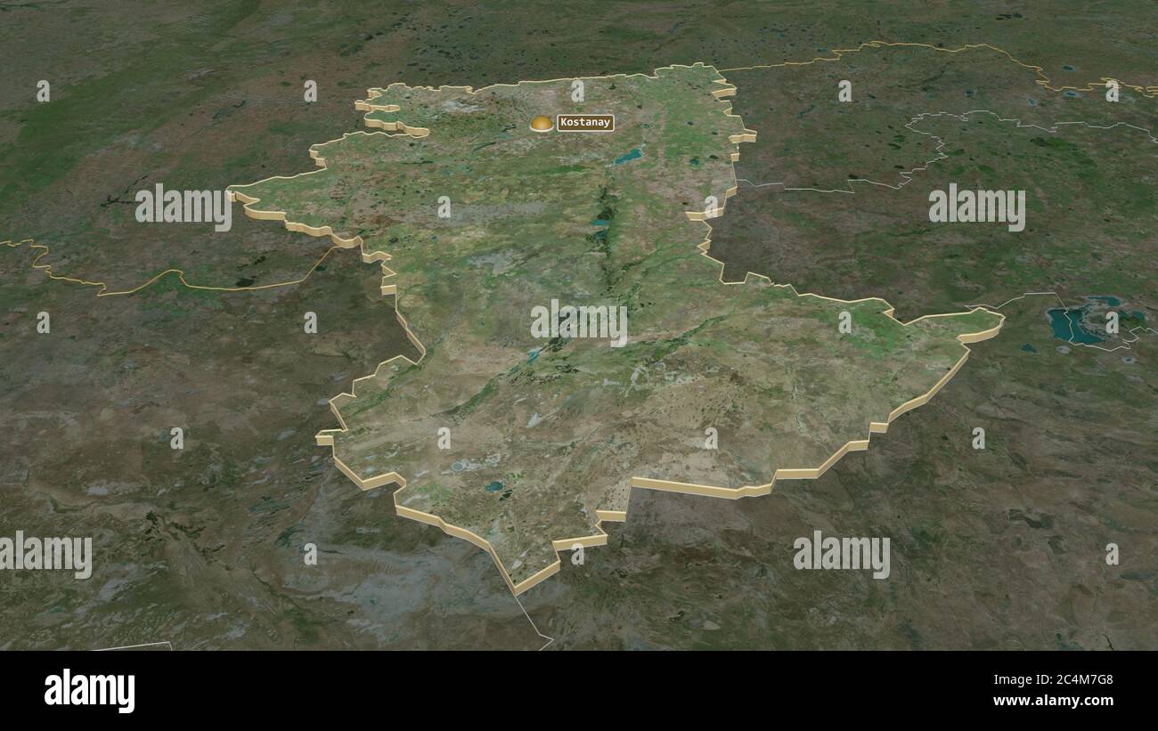 Zoom in on Qostanay (region of Kazakhstan) extruded. Oblique ...
