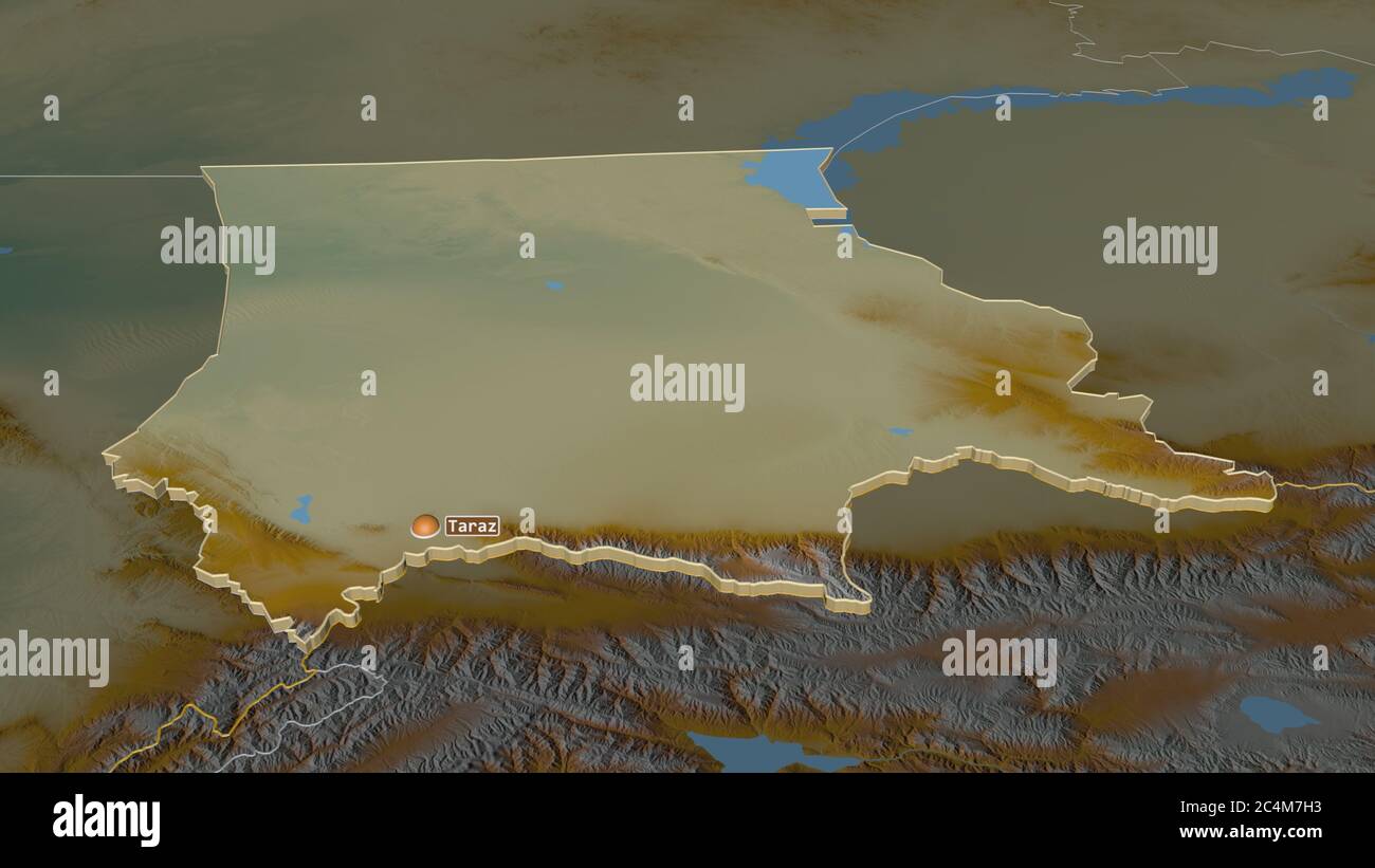 Zoom in on Zhambyl (region of Kazakhstan) extruded. Oblique perspective ...