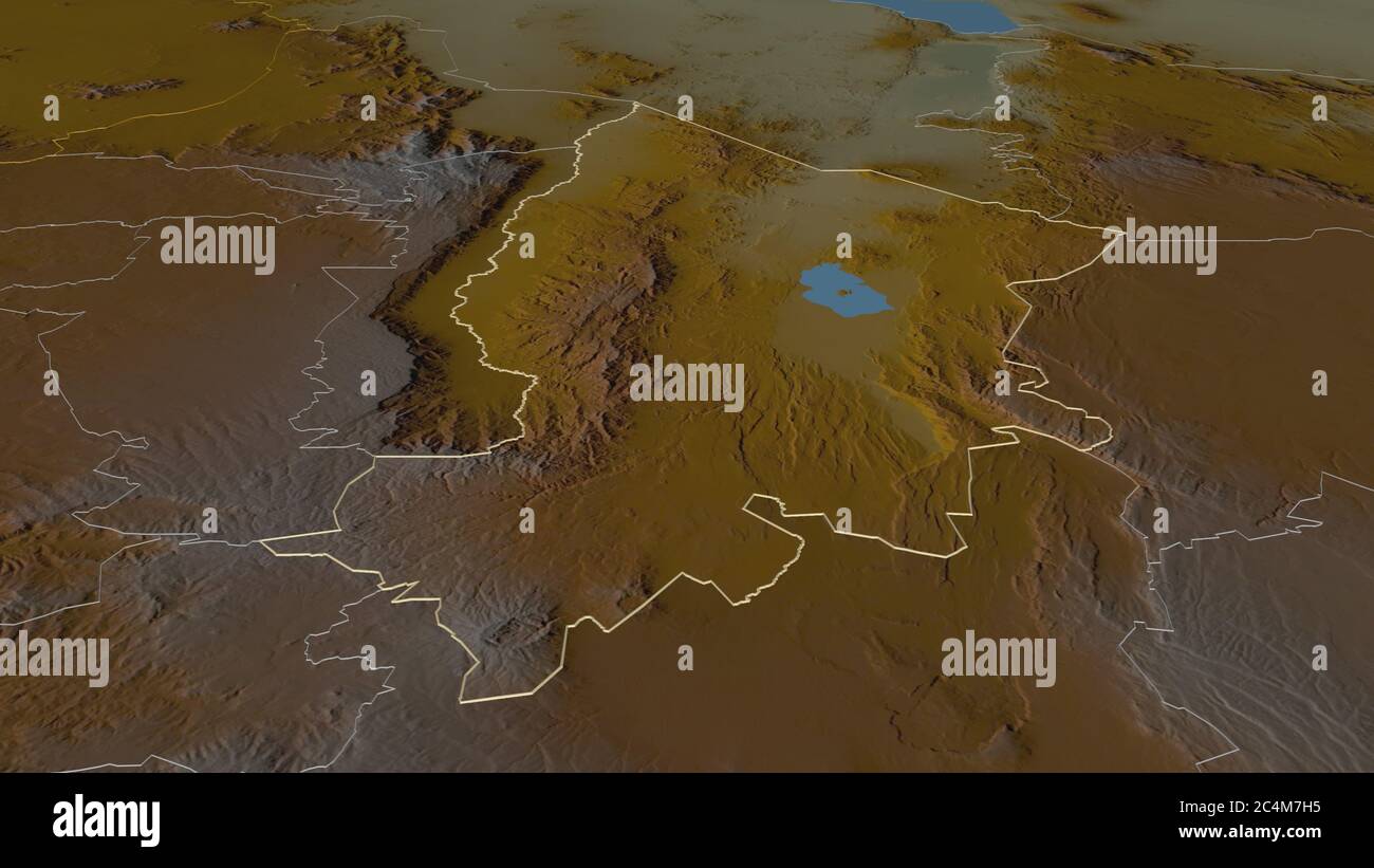 Zoom in on Baringo (county of Kenya) outlined. Oblique perspective ...
