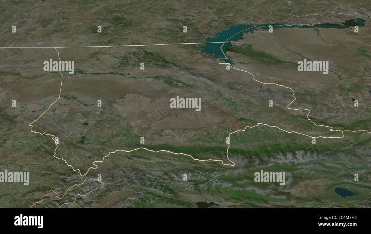 Zoom in on Zhambyl (region of Kazakhstan) outlined. Oblique perspective ...