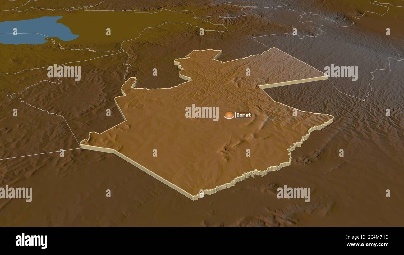 Zoom in on Bomet (county of Kenya) extruded. Oblique perspective ...