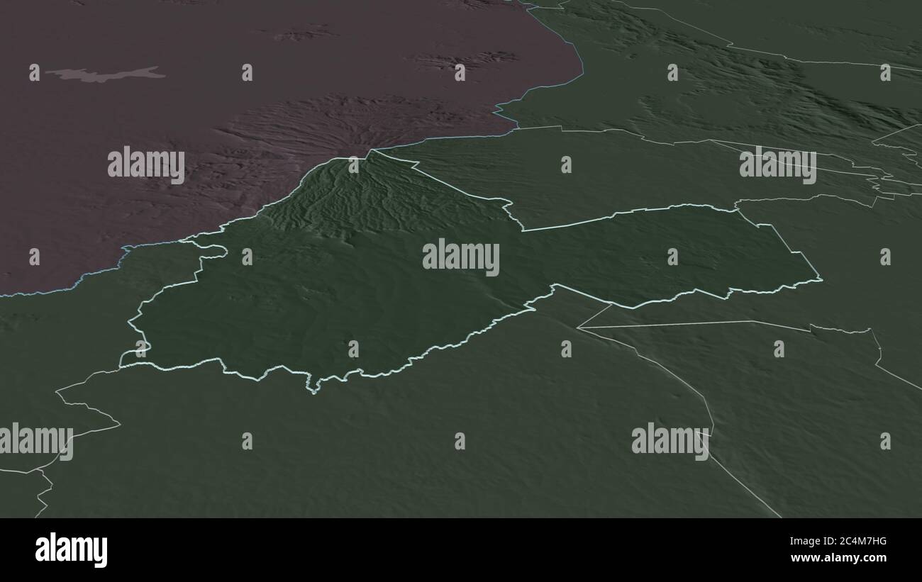 Zoom in on Bungoma (county of Kenya) outlined. Oblique perspective ...