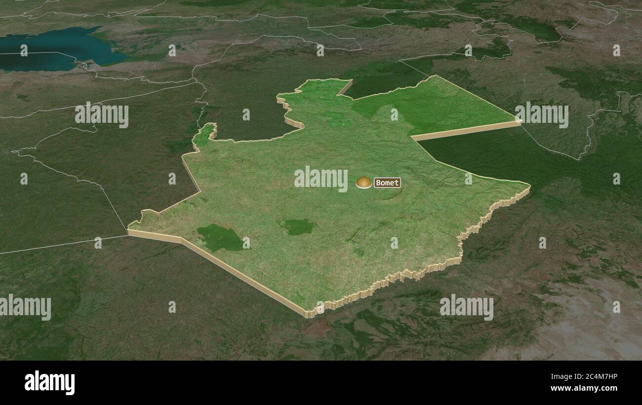 Zoom in on Bomet (county of Kenya) extruded. Oblique perspective ...