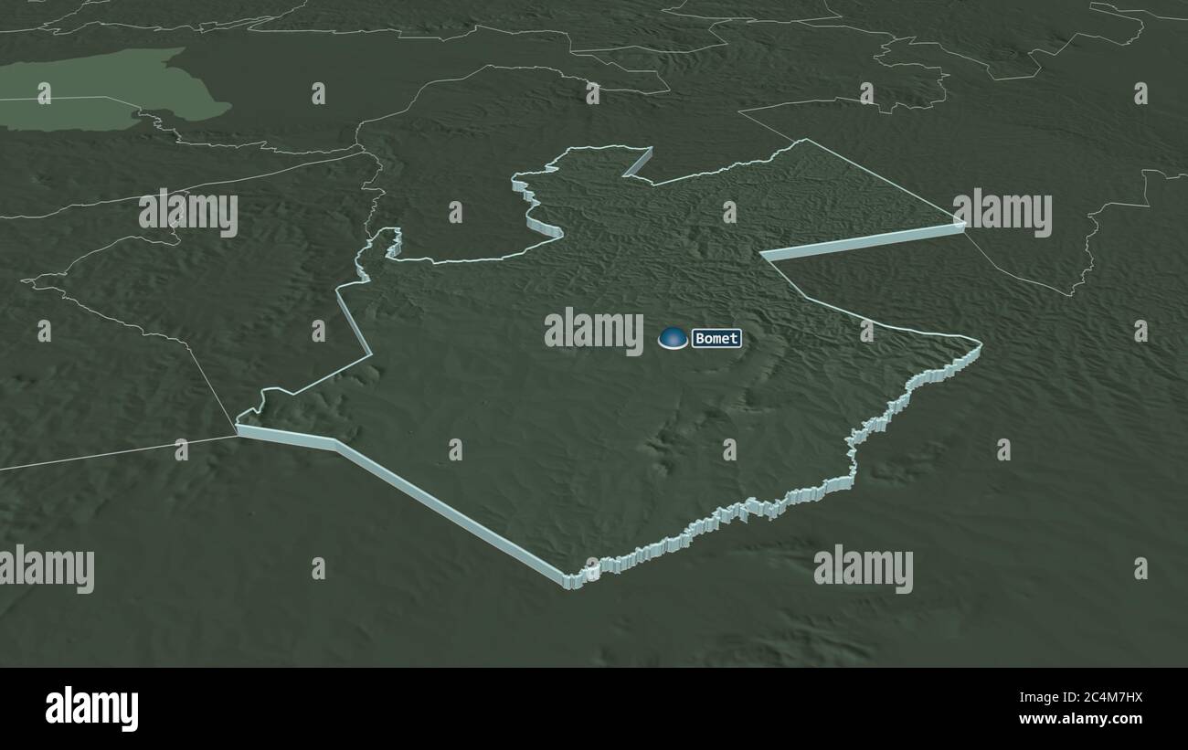 Zoom in on Bomet (county of Kenya) extruded. Oblique perspective ...