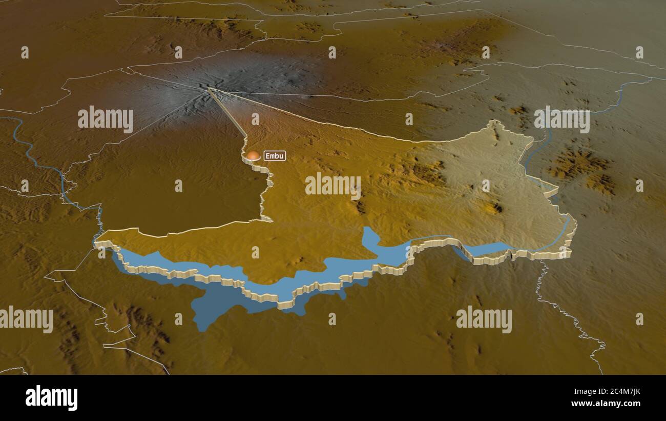 Zoom in on Embu (county of Kenya) extruded. Oblique perspective ...