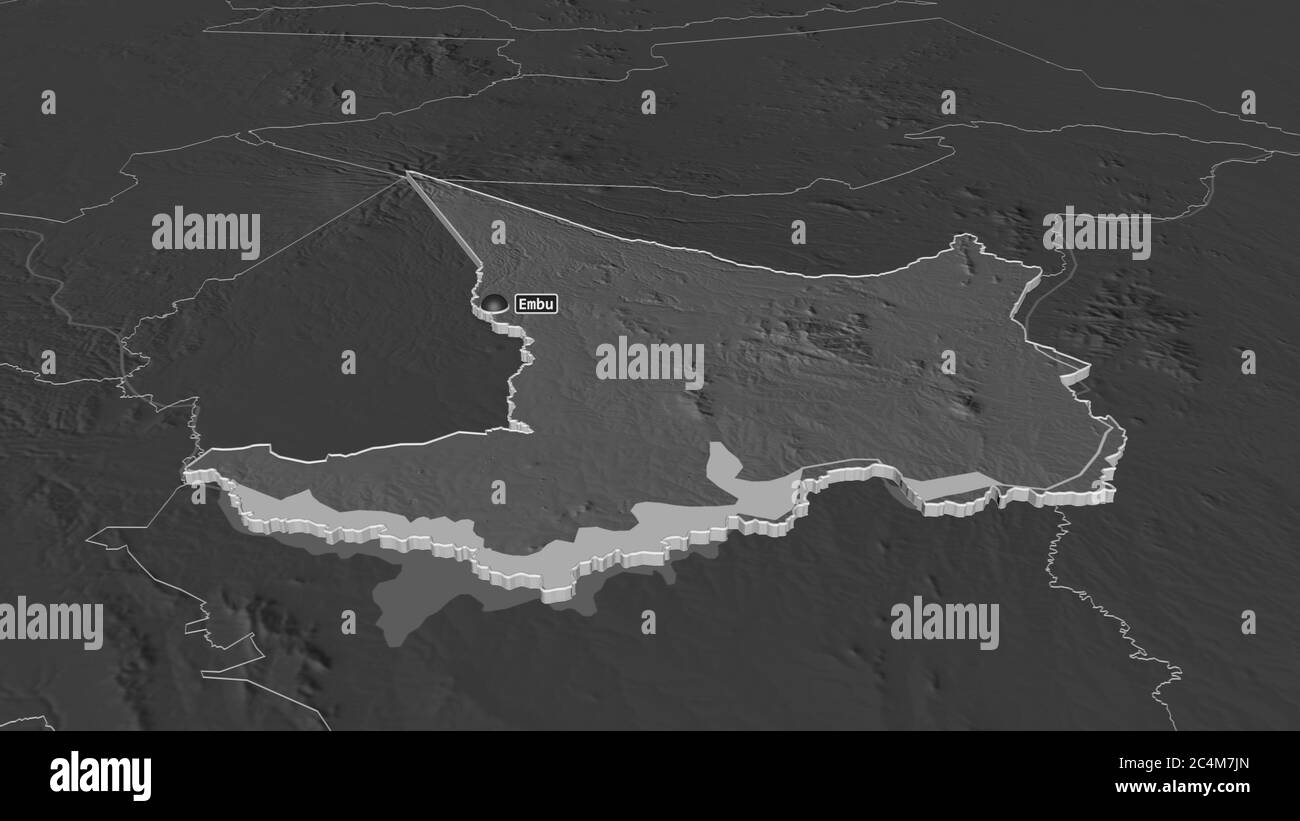 Zoom in on Embu (county of Kenya) extruded. Oblique perspective ...