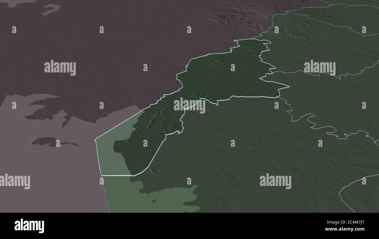 Zoom in on Busia (county of Kenya) outlined. Oblique perspective ...