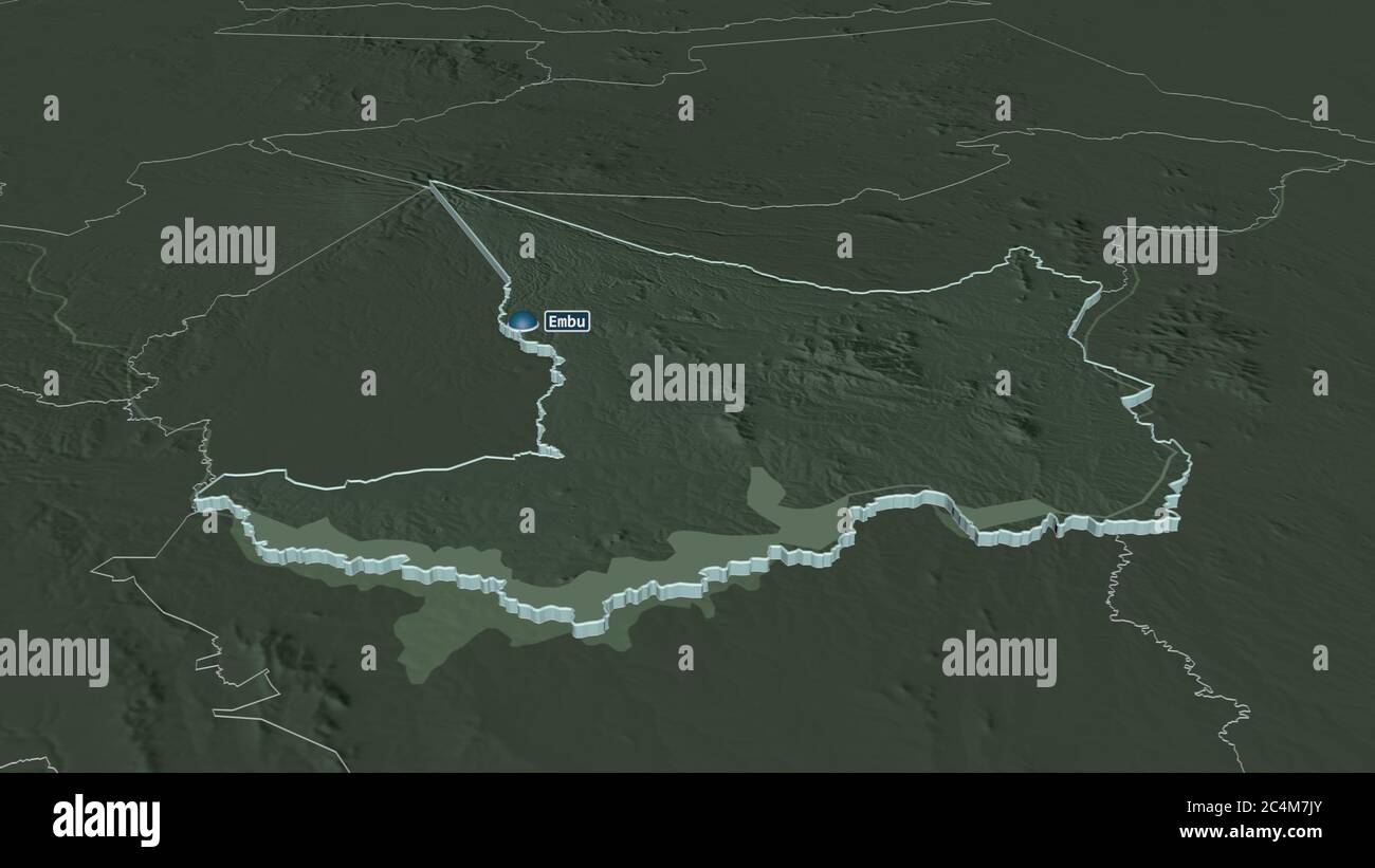 Zoom in on Embu (county of Kenya) extruded. Oblique perspective ...
