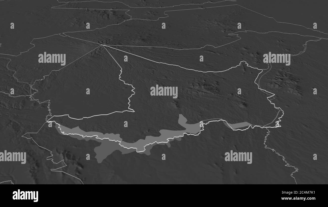 Zoom in on Embu (county of Kenya) outlined. Oblique perspective ...