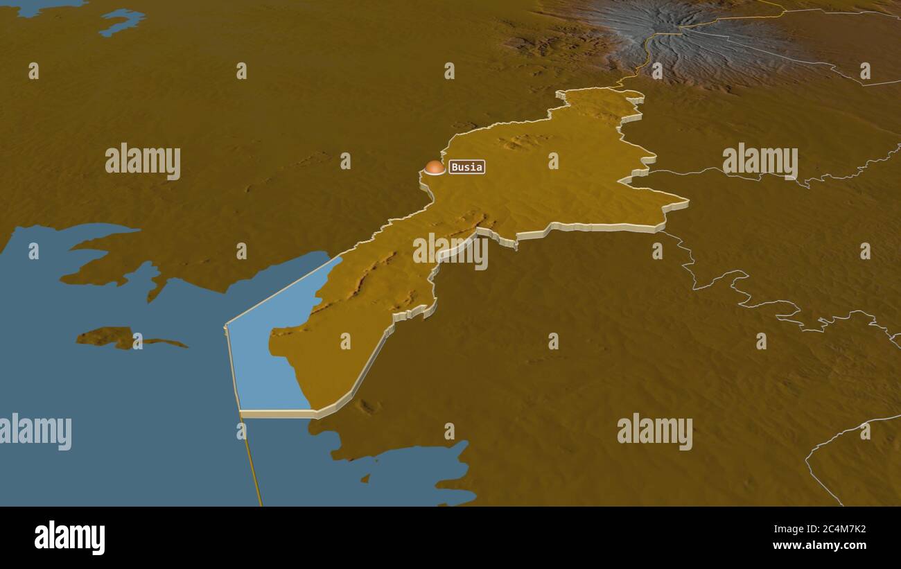 Zoom in on Busia (county of Kenya) extruded. Oblique perspective ...