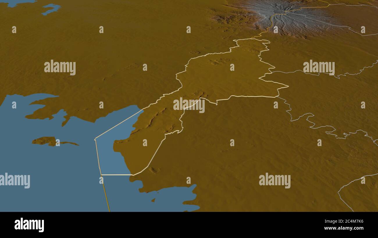 Zoom in on Busia (county of Kenya) outlined. Oblique perspective ...
