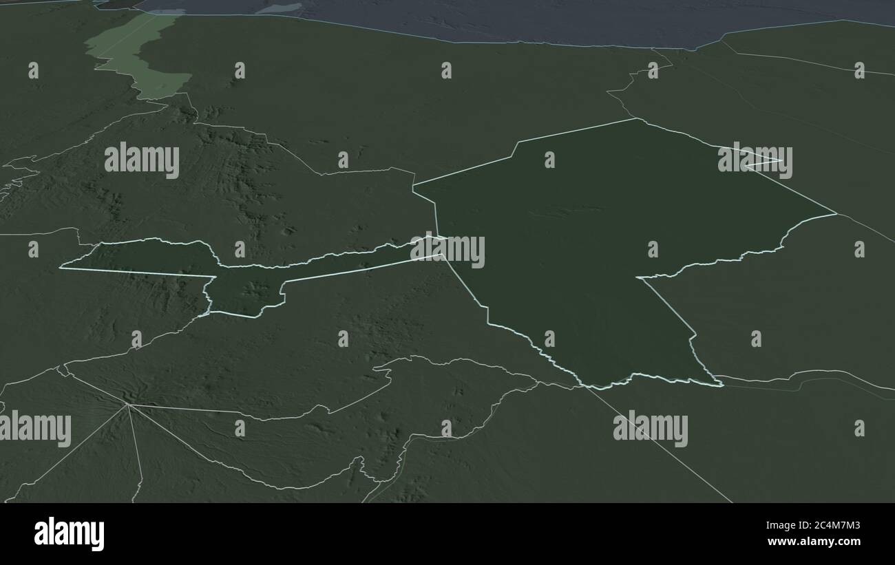 Zoom in on Isiolo (county of Kenya) outlined. Oblique perspective ...