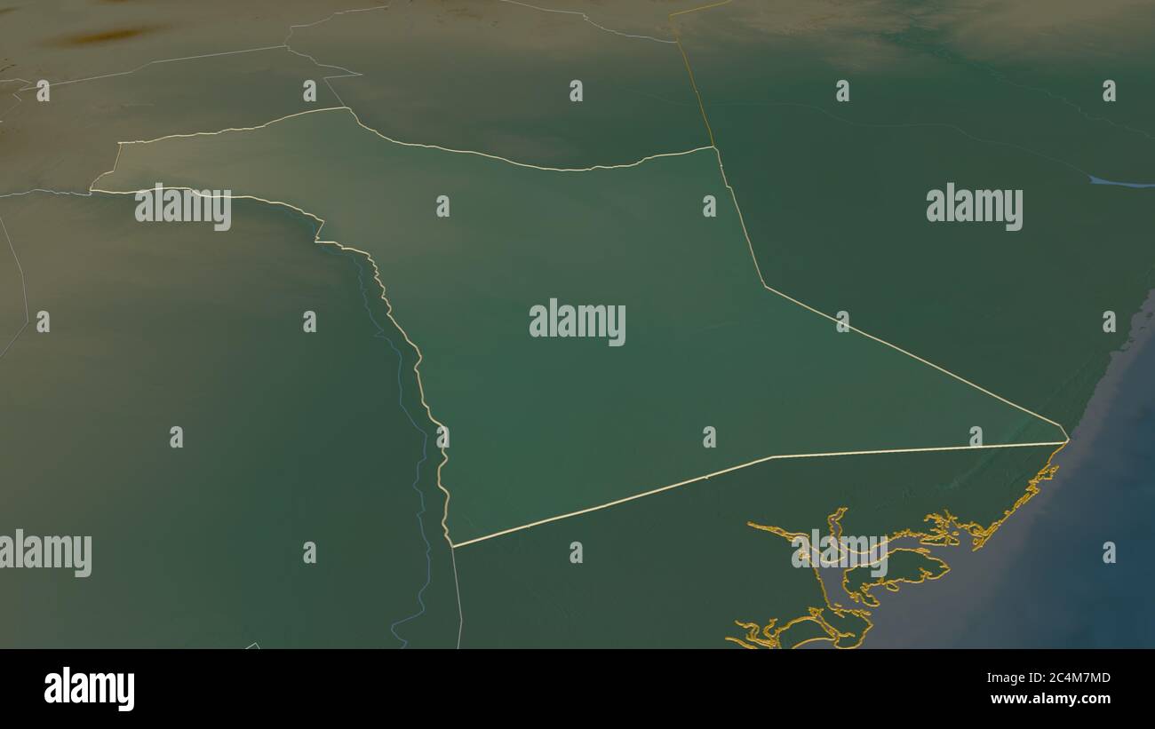 Zoom in on Garissa (county of Kenya) outlined. Oblique perspective ...