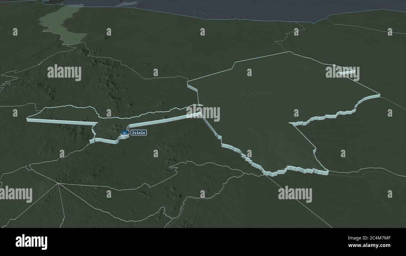 Zoom in on Isiolo (county of Kenya) extruded. Oblique perspective ...